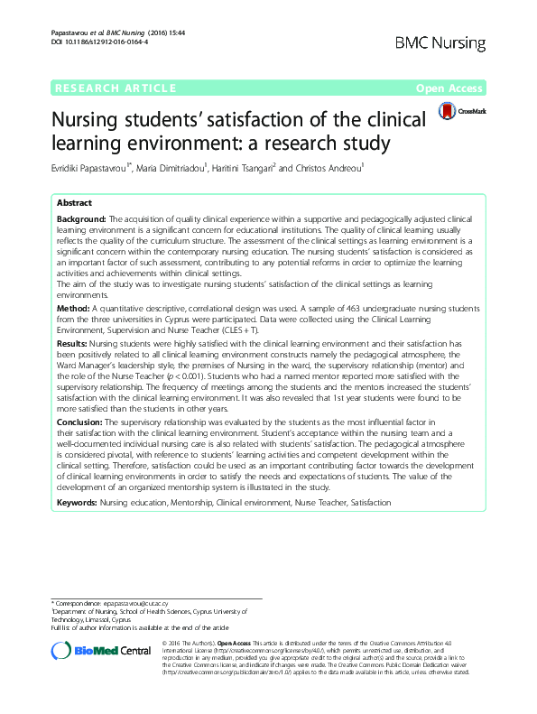 (PDF) Nursing students’ satisfaction of the clinical learning environment: a research study ...