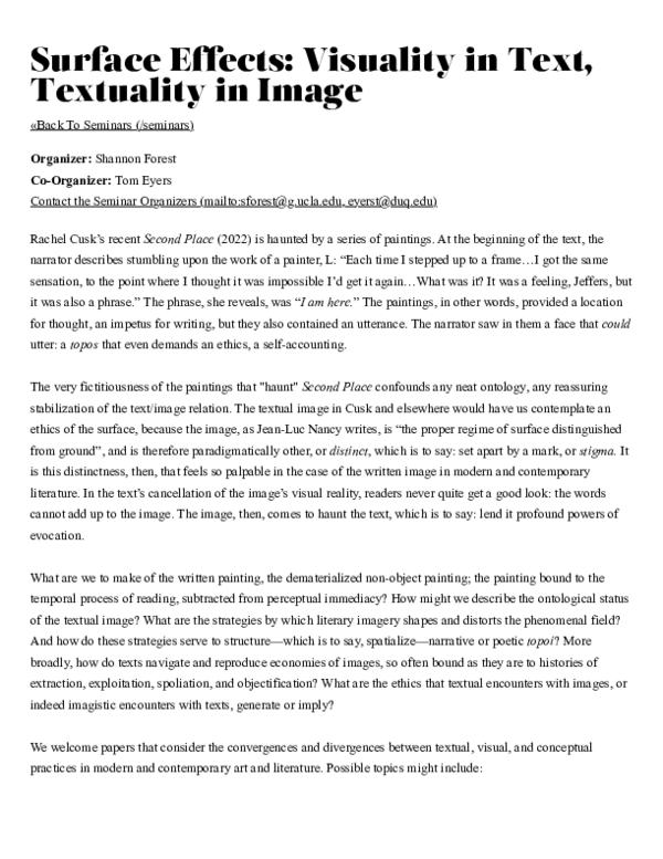 (PDF) CfP: Surface Effects: Visuality in Text, Textuality in Image