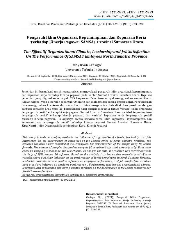 (PDF) Pengaruh Iklim Organisasi,Kepemimpinan dan Kepuasan Kerja ...
