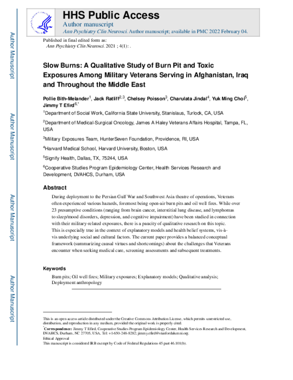 (PDF) Slow Burns: A Qualitative Study of Burn Pit and Toxic Exposures ...