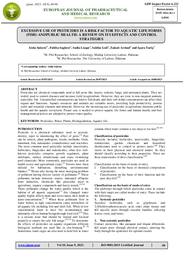 (PDF) EXCESSIVE USE OF PESTICIDES IS A RISK FACTOR TO AQUATIC LIFE ...