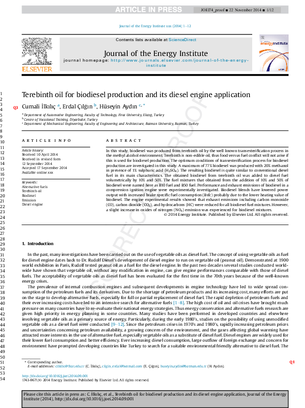 (PDF) Terebinth oil for biodiesel production and its diesel engine ...
