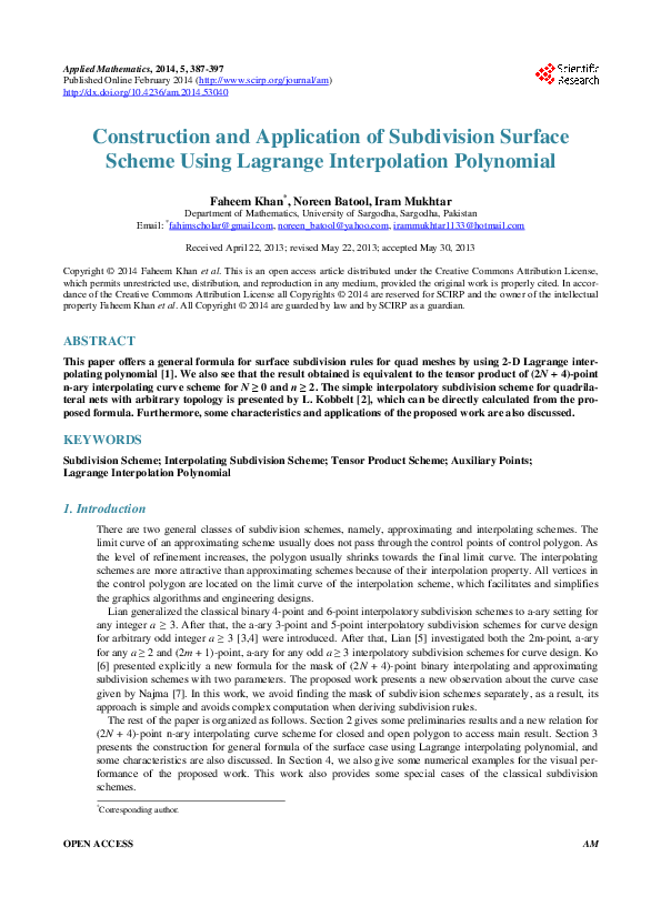 (PDF) Construction and Application of Subdivision Surface Scheme Using Lagrange Interpolation ...