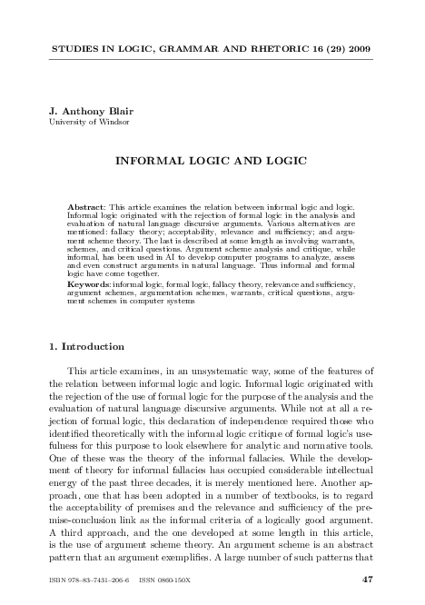 (PDF) Informal Logic and Logic