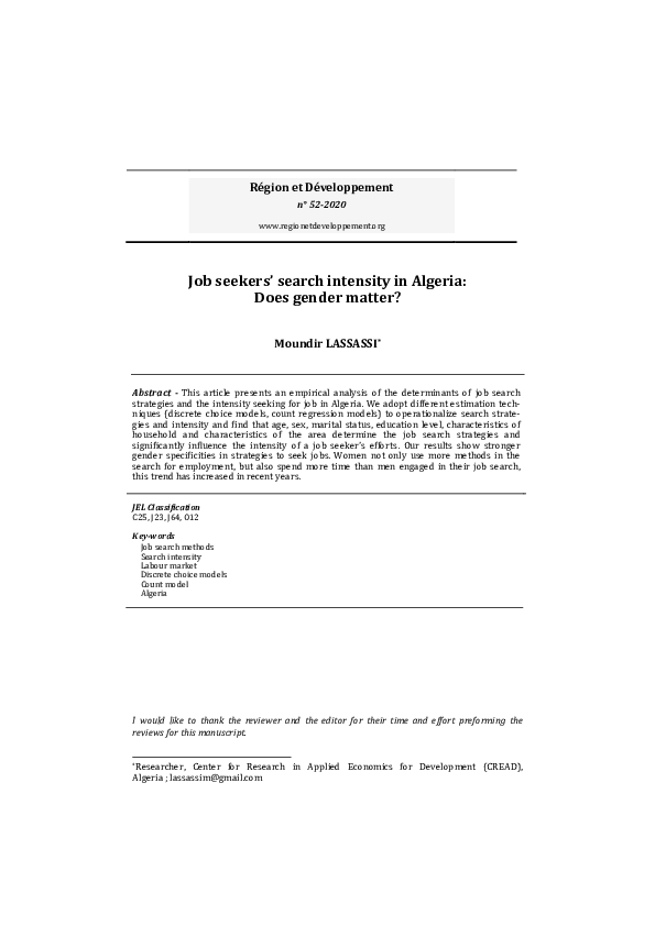 (PDF) Job seekers’ search intensity in Algeria: Does gender matter?