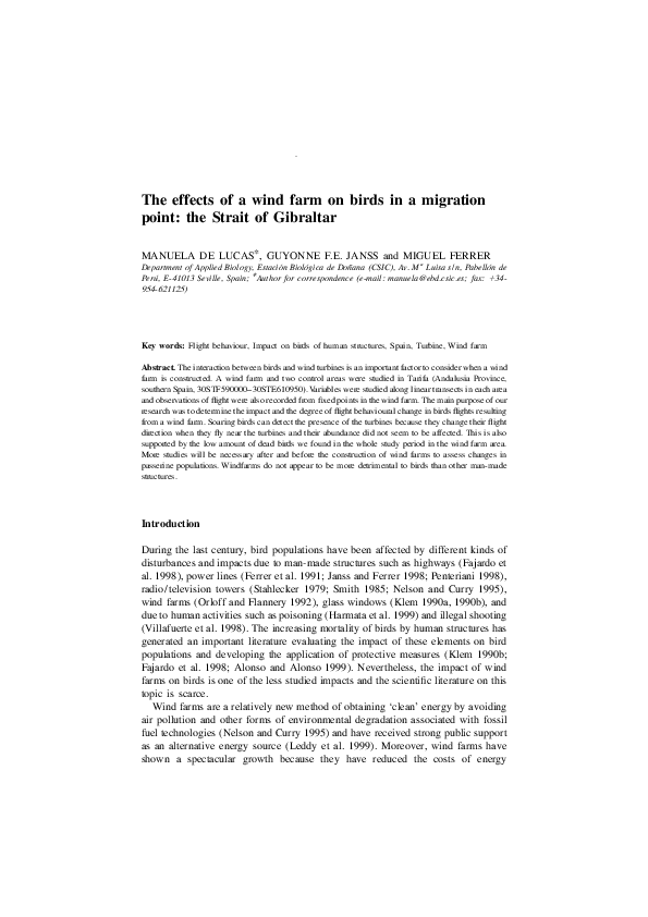 (PDF) The effects of a wind farm on birds in a migration point: the ...