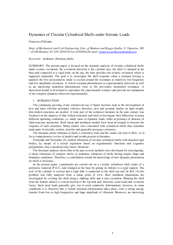 (PDF) Dynamics of Circular Cylindrical Shells under Seismic Loads