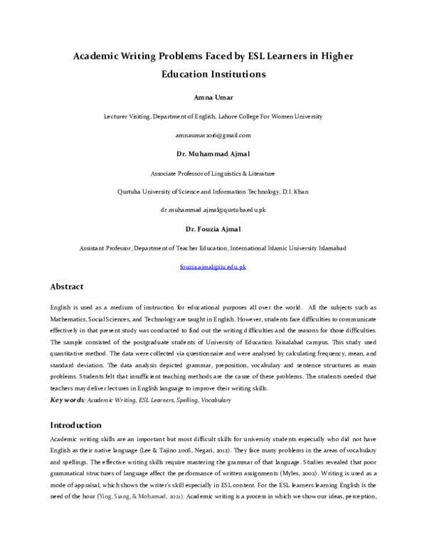 (PDF) Academic Writing Problems Faced by ESL Learners in Higher ...