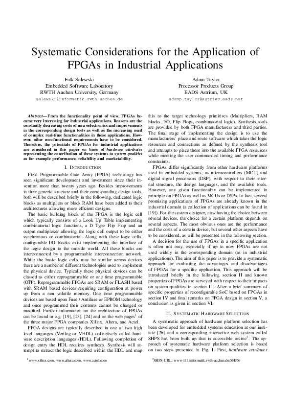 (PDF) Systematic considerations for the application of FPGAs in industrial applications