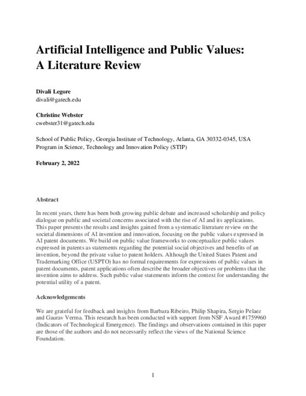 (PDF) Artificial Intelligence and Public Values: A Literature Review