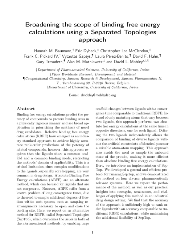 (PDF) Broadening the scope of binding free energy calculations using a ...