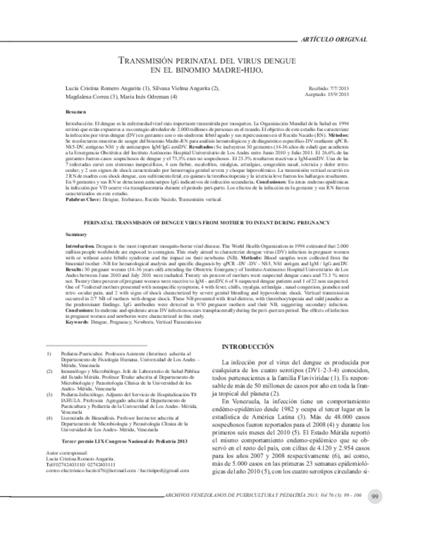 (PDF) Transmisión perinatal del virus dengue en el binomio madre-hijo ...