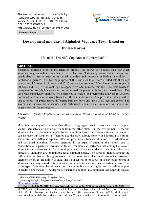 (PDF) Development and Use of Alphabet Vigilance Test – Based on Indian ...