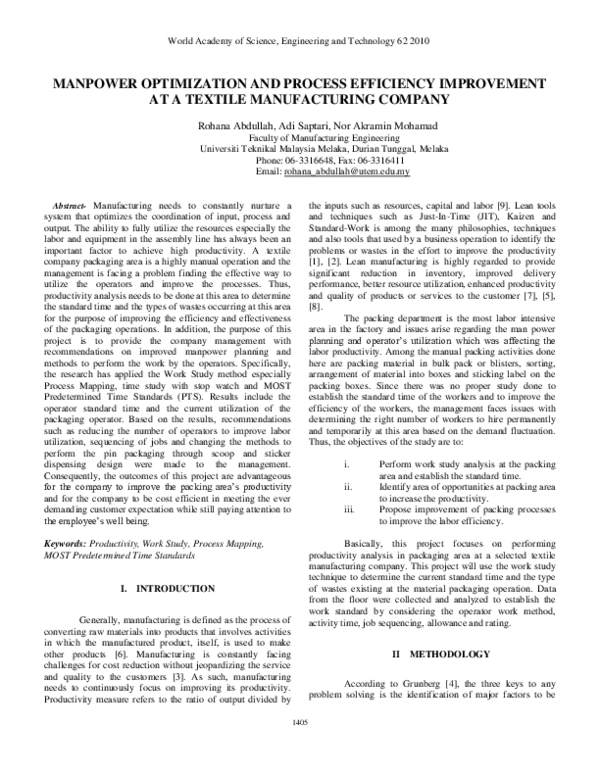 (PDF) Manpower Optimization and Process Efficiency Improvement at a ...