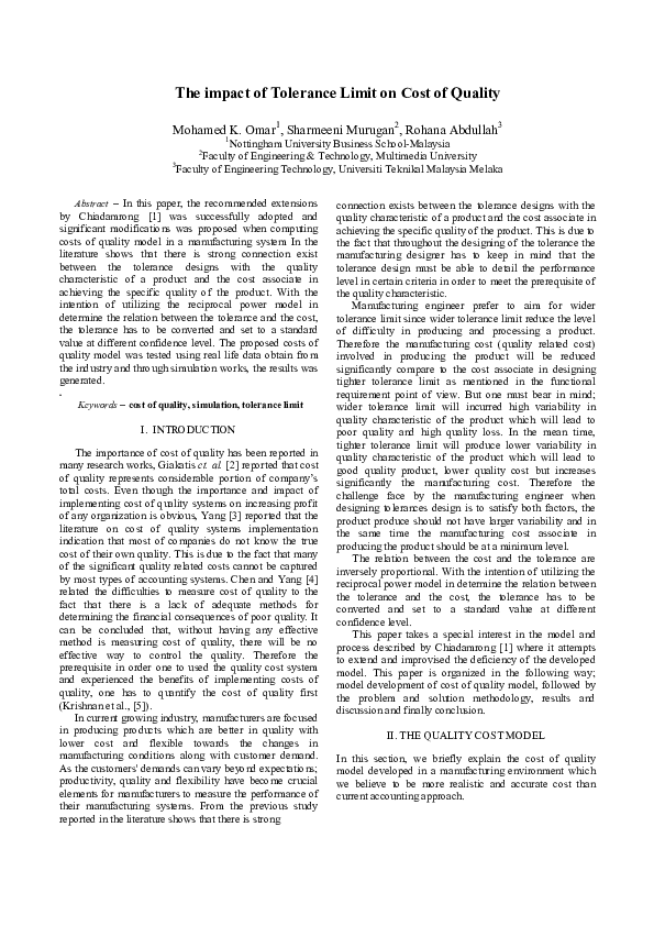 (PDF) The impact of tolerance limit on cost of quality