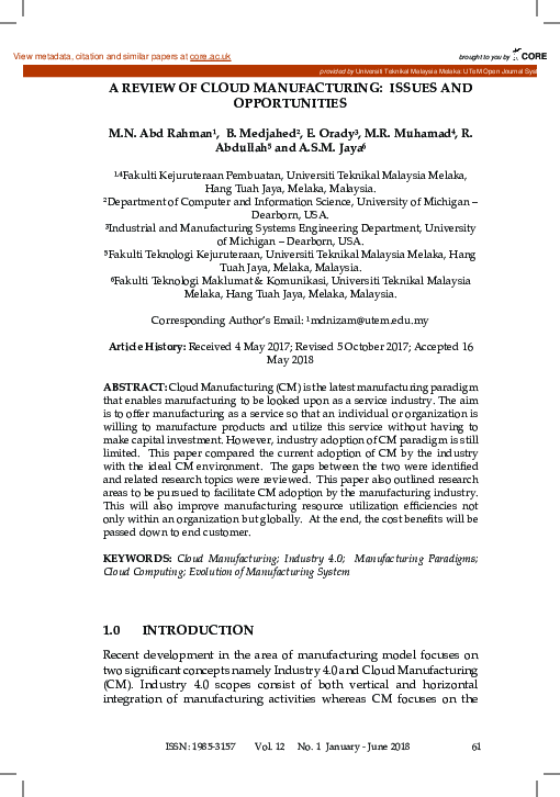 (PDF) A Review of Cloud Manufacturing: Issues and Opportunities