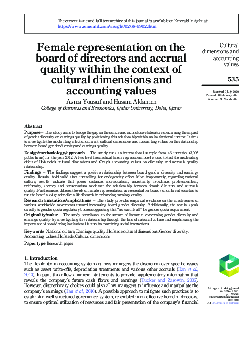 (PDF) Female representation on the board of directors and accrual ...