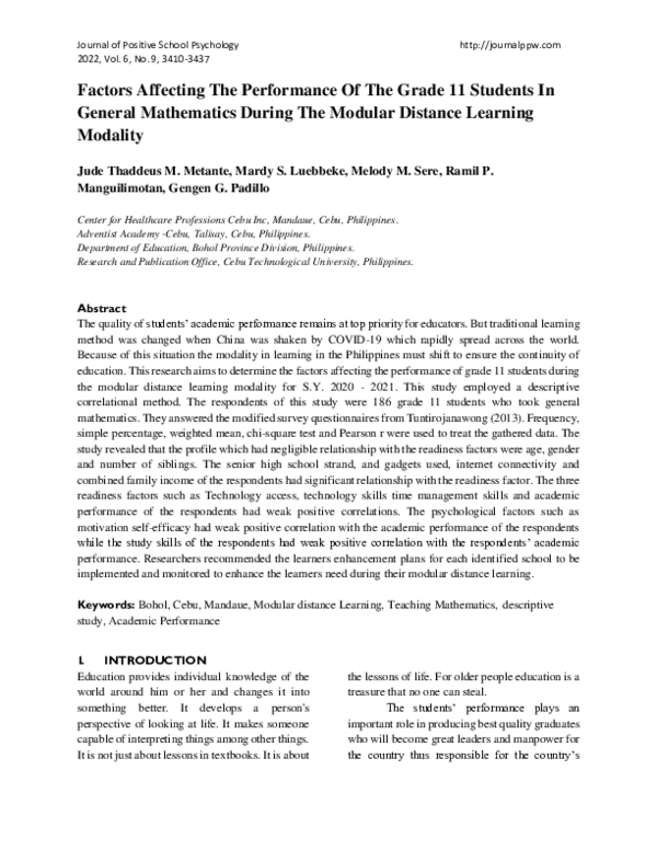 (PDF) Factors Affecting The Performance Of The Grade 11 Students In General Mathematics During ...
