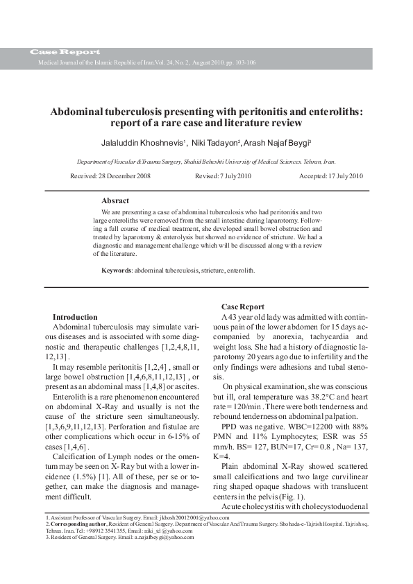 (PDF) Abdominal tuberculosis presenting with peritonitis and enteroliths: report of a rare case ...