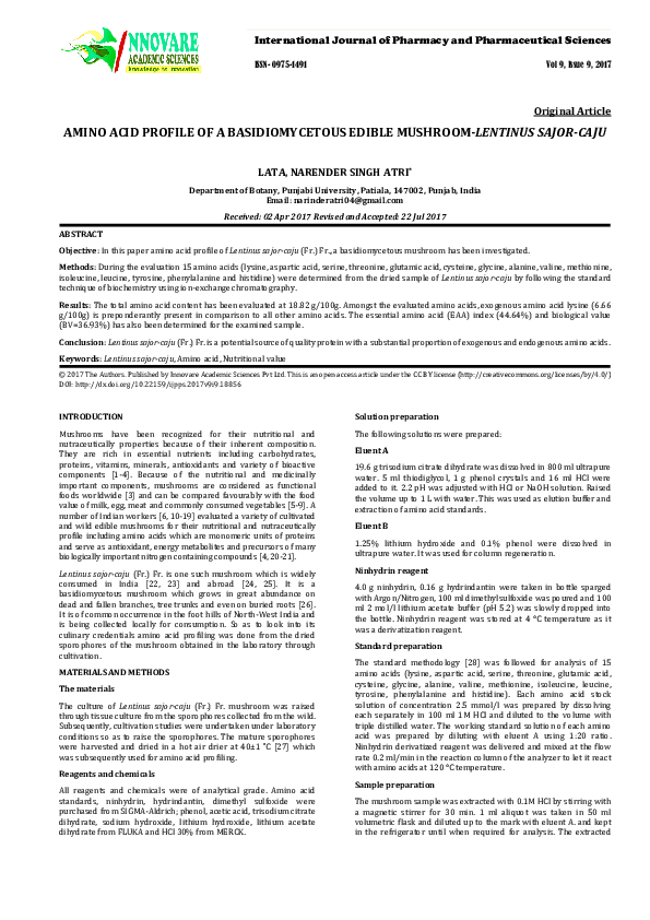 (PDF) Amino Acid Profile of a Basidiomycetous Edible Mushroom-Lentinus ...