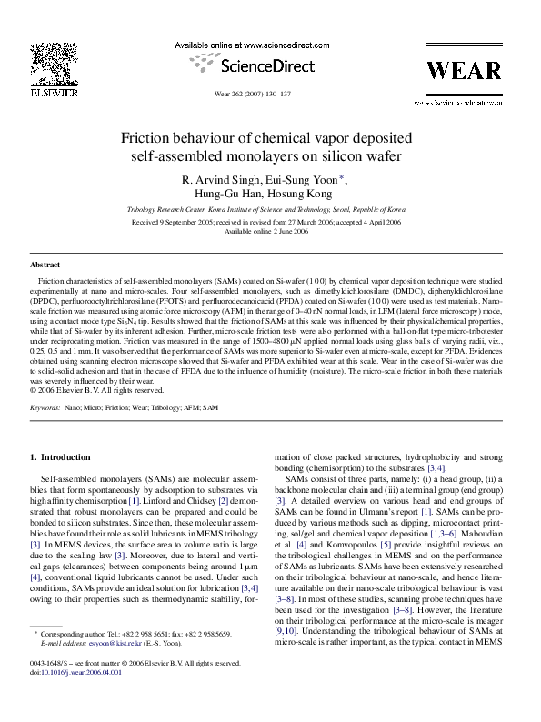 (PDF) Friction Characteristics of Self-Assembled Monolayers Coated on Si-Wafer by Chemical Vapor ...