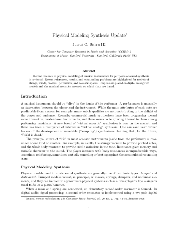 Pdf Advancements In Physical Modeling Synthesis