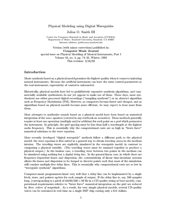 (PDF) Physical Modeling Using Digital Waveguides