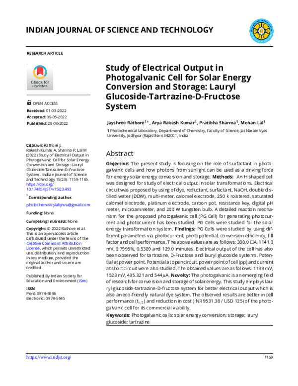 (PDF) Study of Electrical Output in Photogalvanic Cell for Solar Energy ...