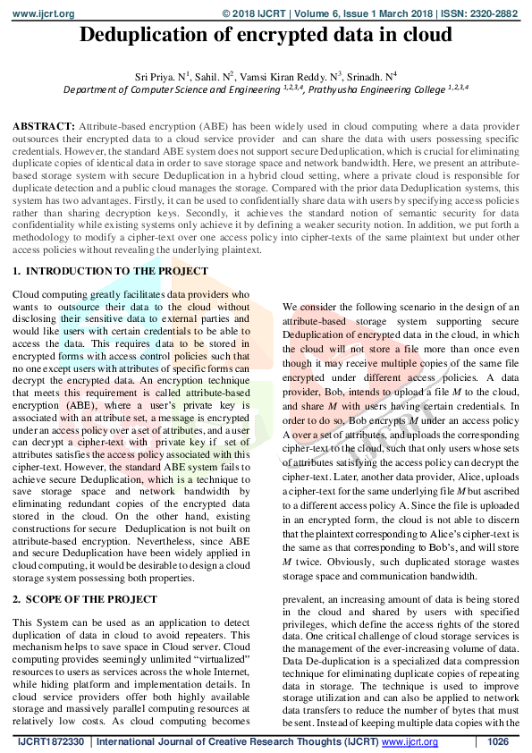 (PDF) Deduplication of encrypted data in cloud