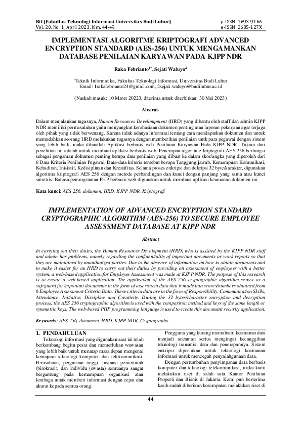 Pdf Implementasi Algoritme Kriptografi Advanced Encryption Standard Aes 256 Untuk