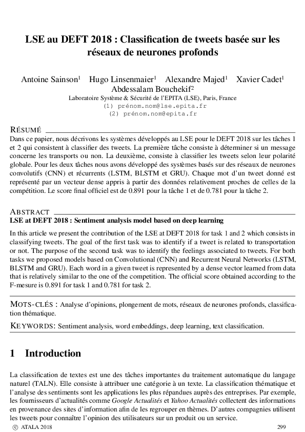 (PDF) LSE au DEFT 2018 : Classification de tweets basée sur les réseaux ...