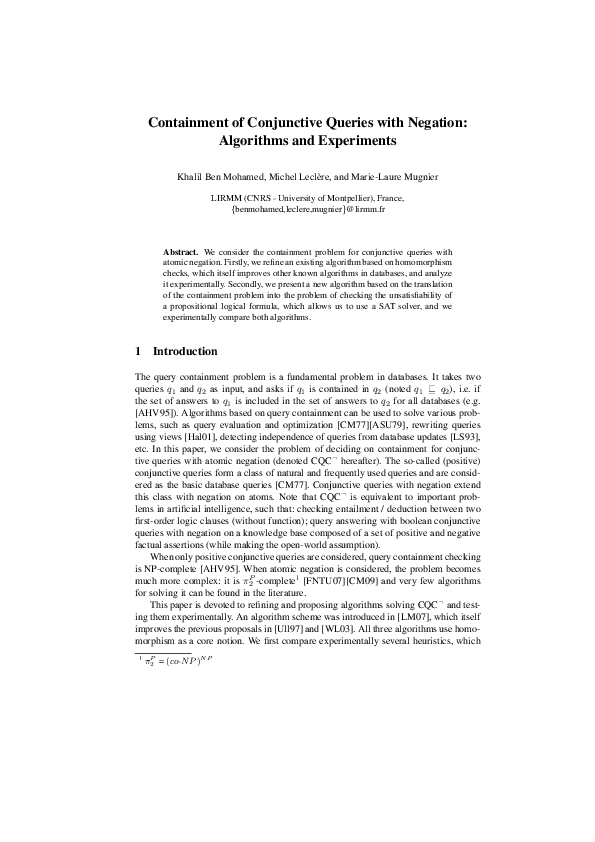 Pdf Containment Of Conjunctive Queries With Negation Algorithms And Experiments Khalil