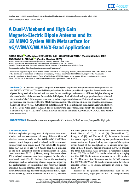 (PDF) A Dual-Wideband and High Gain Magneto-Electric Dipole Antenna and Its 3D MIMO System With ...