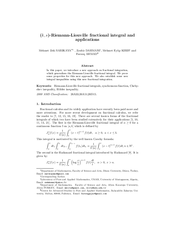 (PDF) (k,s)-Riemann-Liouville fractional integral and applications