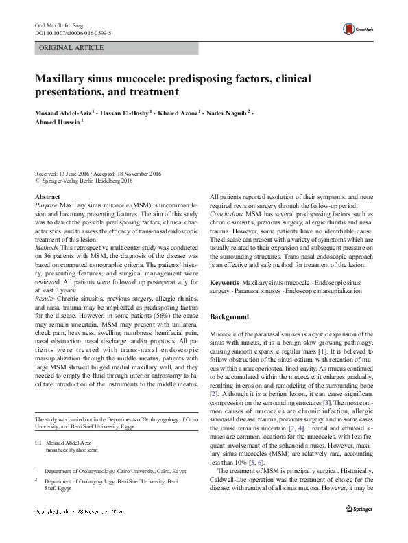 (PDF) Maxillary sinus mucocele: predisposing factors, clinical ...