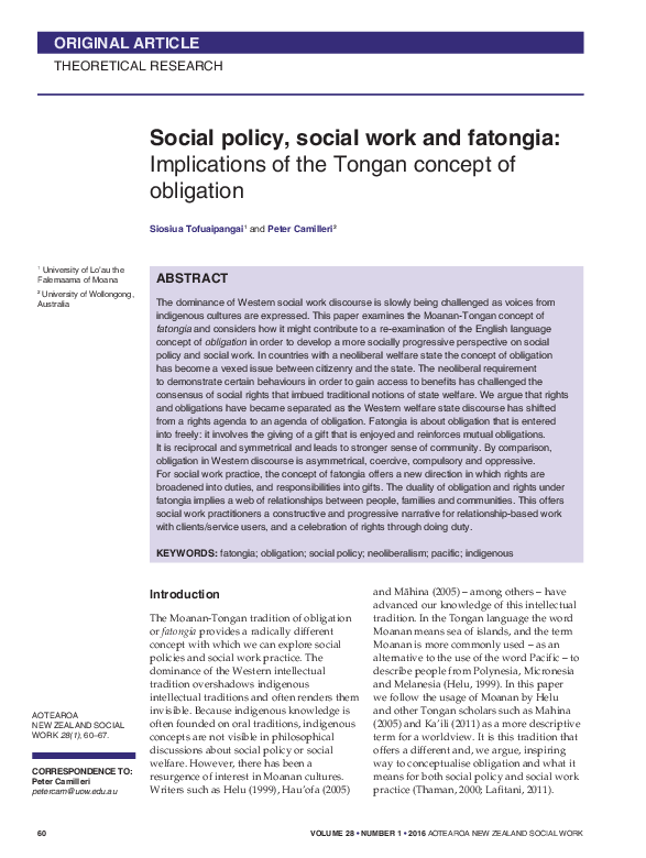 (PDF) Social policy, social work and fatongia: Implications of the ...