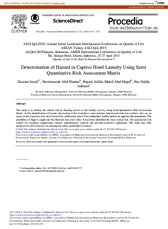 (PDF) Determination of Hazard in Captive Hotel Laundry Using Semi ...