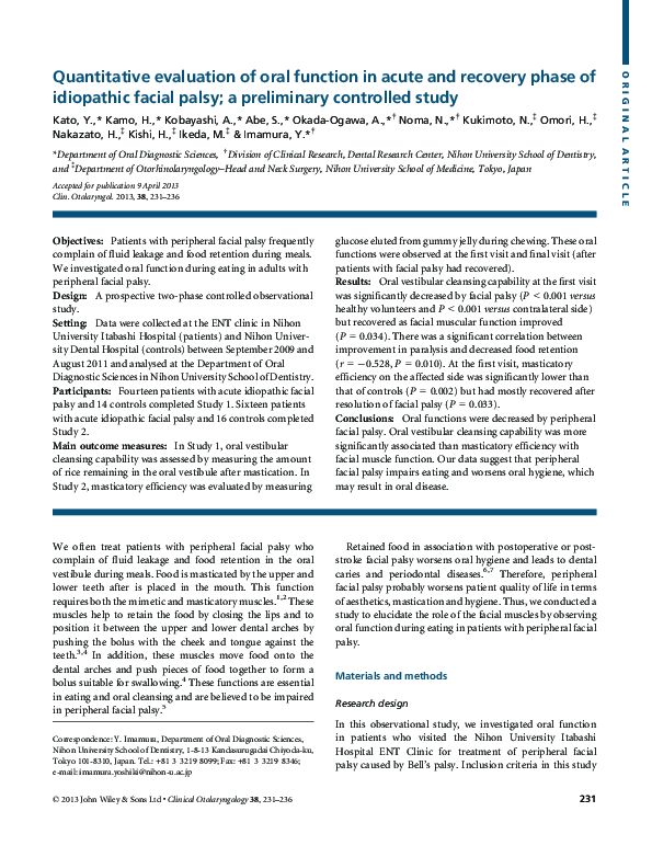 (PDF) Quantitative evaluation of oral function in acute and recovery phase of idiopathic facial ...
