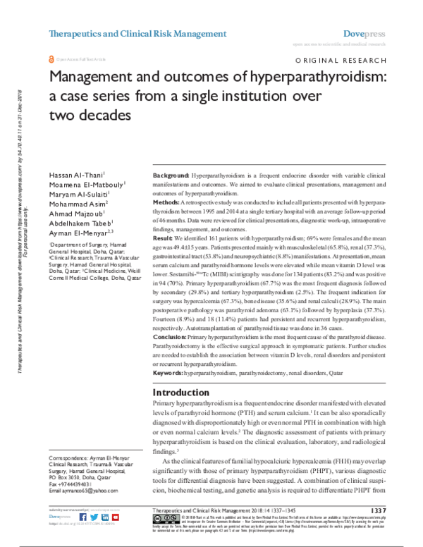 (PDF) Management and outcomes of hyperparathyroidism: a case series ...