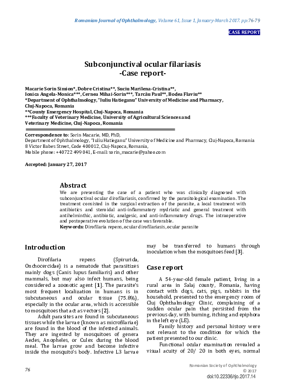 (PDF) Subconjunctival ocular filariasis -Case report