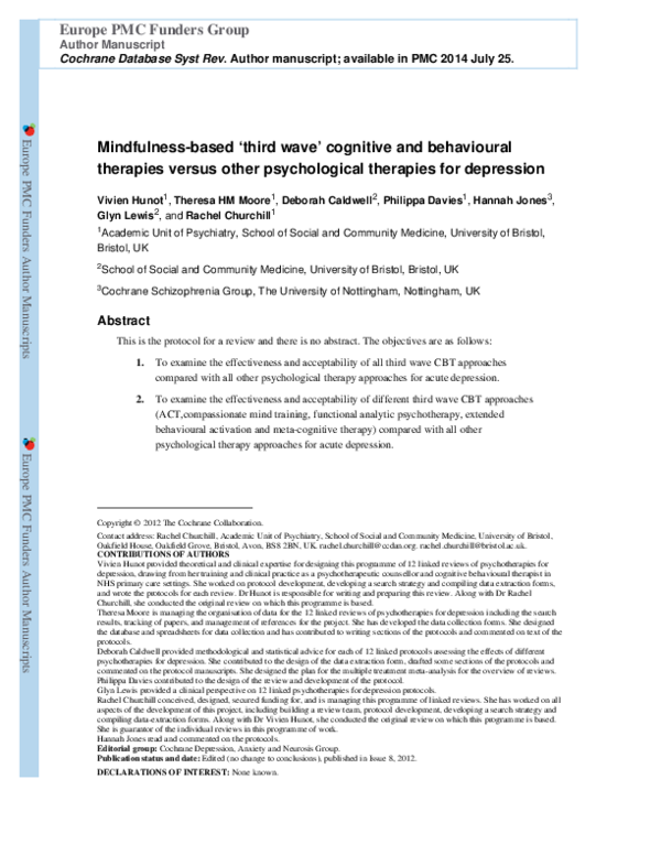 (PDF) Mindfulness-based 'third wave' cognitive and behavioural therapies versus other ...