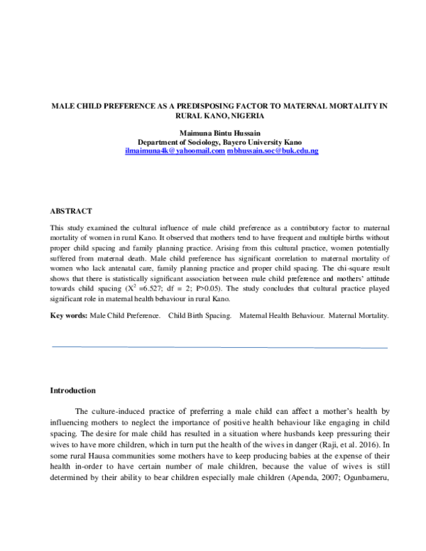 (PDF) MALE CHILD PREFERENCE AS A PREDISPOSING FACTOR TO MATERNAL ...