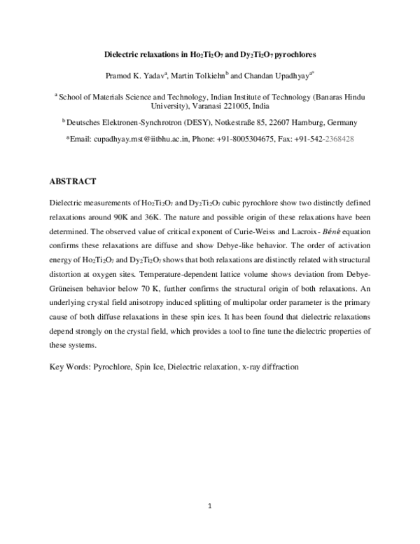 (PDF) Dielectric relaxations in Ho2Ti2O7 and Dy2Ti2O7 pyrochlores