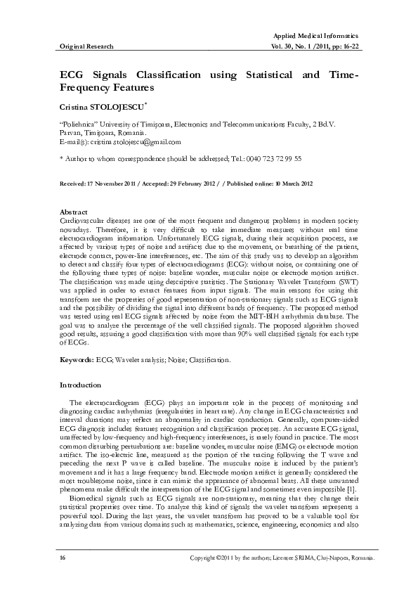 Pdf Ecg Signals Classification Using Statistical And Time Frequency