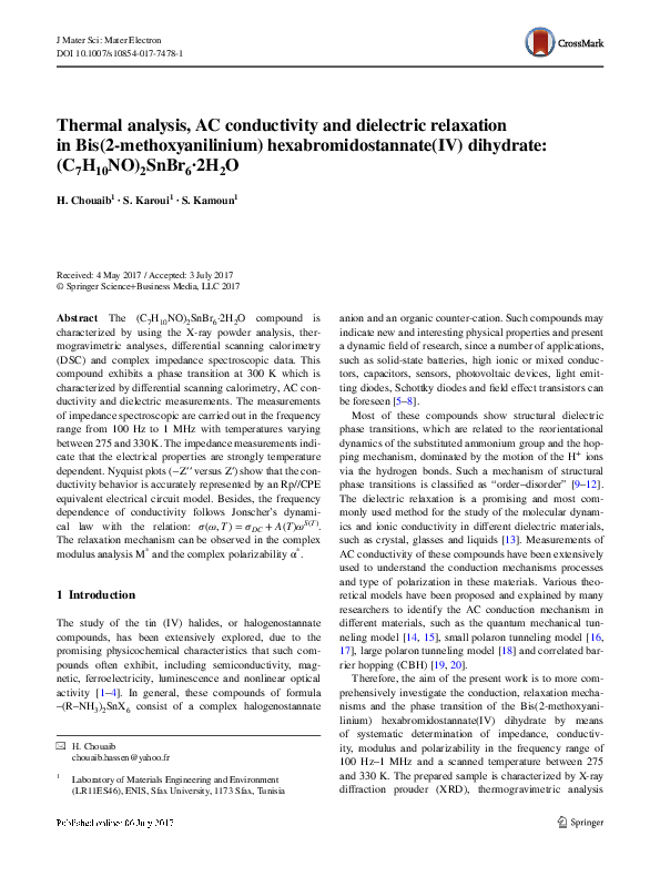 (PDF) Thermal analysis, AC conductivity and dielectric relaxation in Bis(2-methoxyanilinium ...