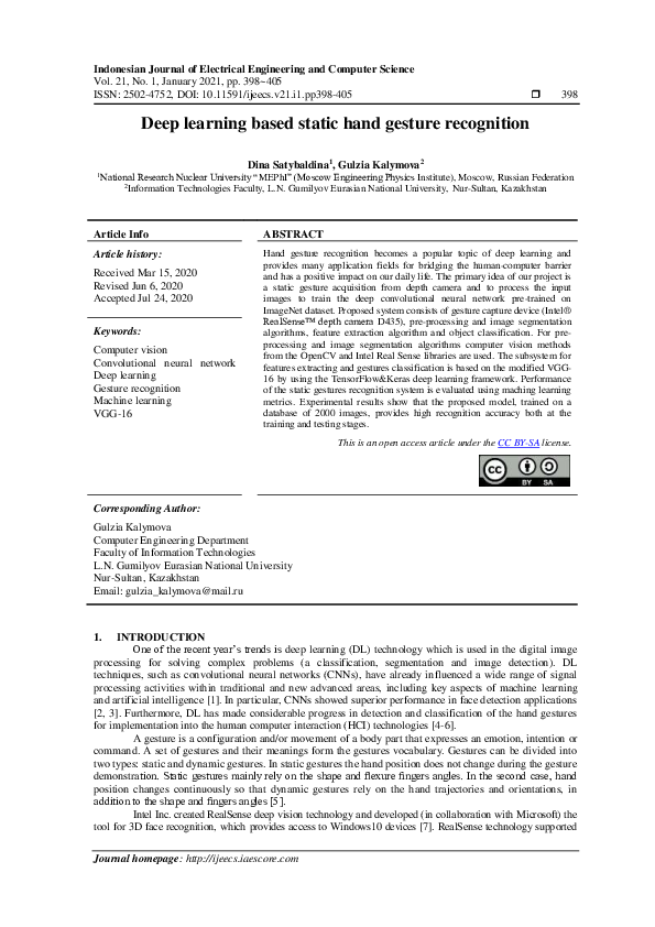 (PDF) Deep learning based static hand gesture recognition | Kalym Gulziya - Academia.edu