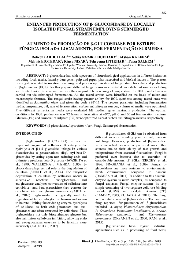 Pdf Optimizing Aspergillus Niger For Enhanced β Glucosidase Production