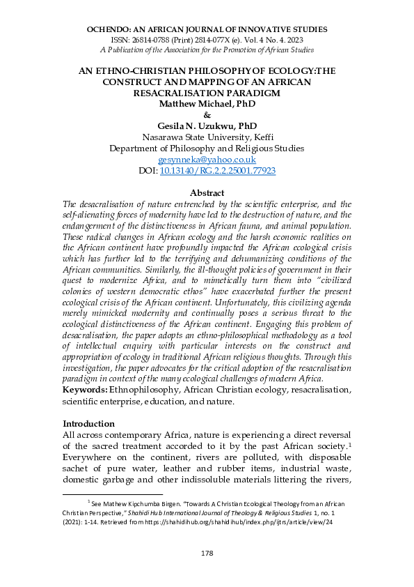 (PDF) AN ETHNO-CHRISTIAN PHILOSOPHY OF ECOLOGY:THE CONSTRUCT AND MAPPING OF AN AFRICAN ...