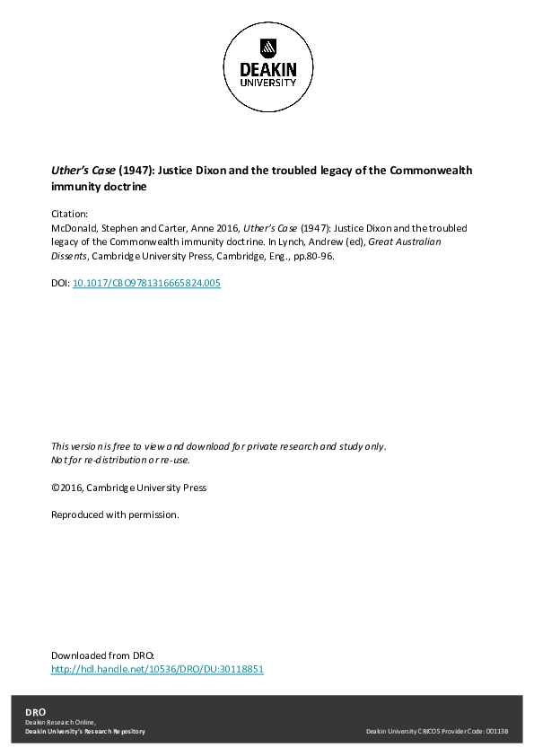 (PDF) Uther's Case(1947): Justice Dixon and the Troubled Legacy of the ...
