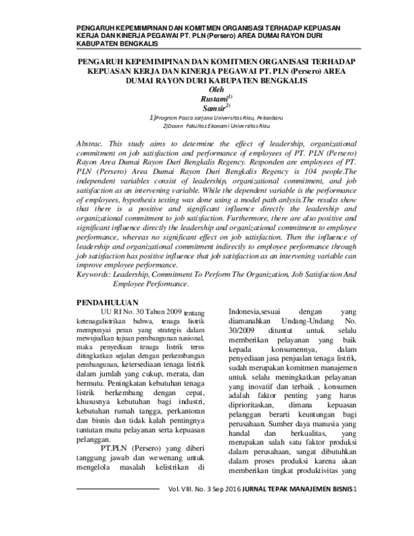 (PDF) PENGARUH KEPEMIMPINAN DAN KOMITMEN ORGANISASI TERHADAP KEPUASAN ...